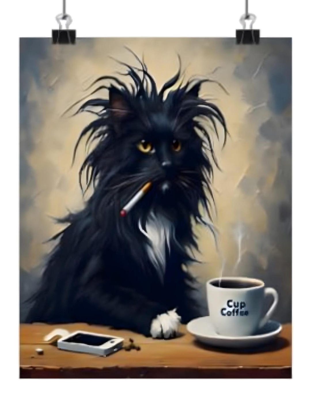Stressed Black Cat Smoking Cigarette Drinking Coffee in Mug Vertical ...