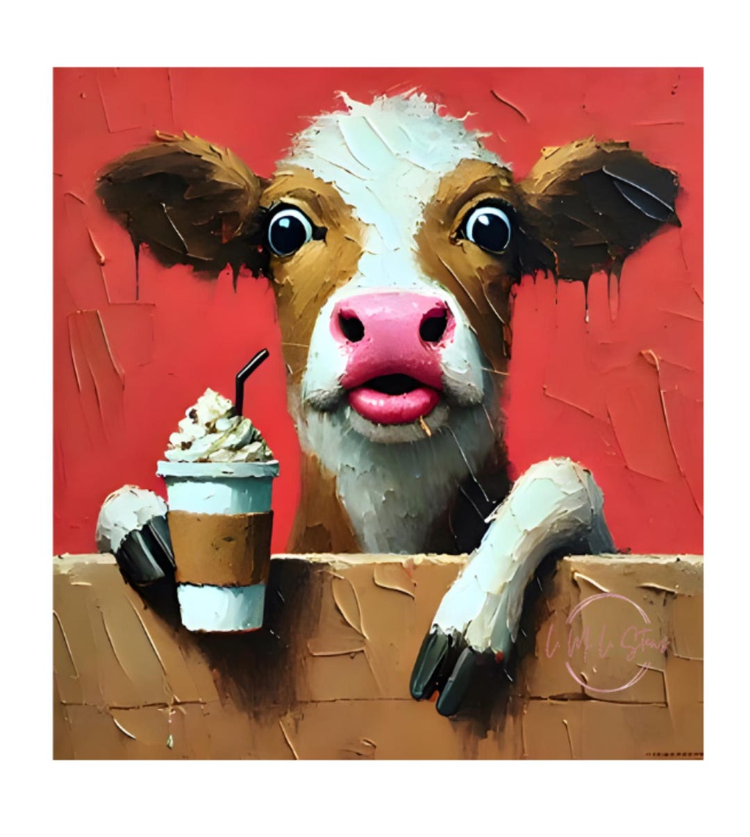 Coffee Poster, Espresso, Cow Drinking Coffee Art Print, Whimsical ...