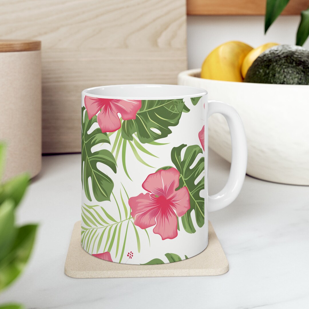 Pink Hibiscus Green Leaves Pattern Hawaiian Ceramic Mug 11oz, Hawaii ...