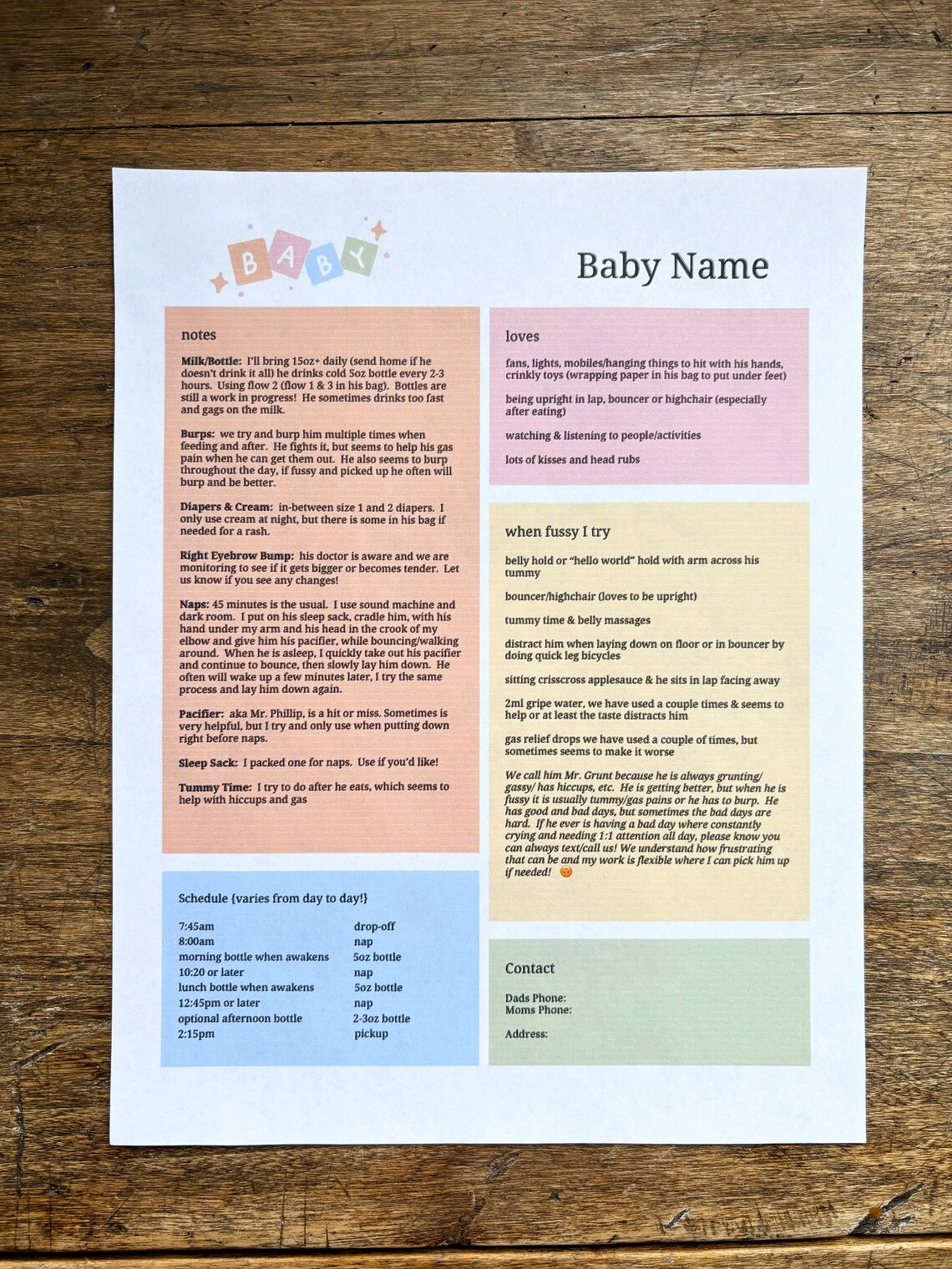 About My Baby | Simple Child Information Form | Daycare | School ...
