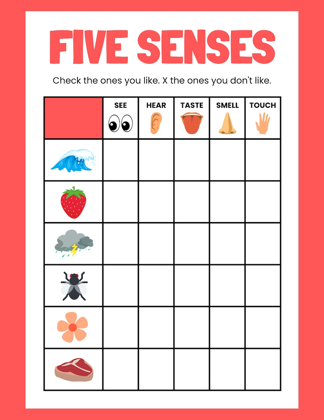 5 Senses Worksheet - Etsy