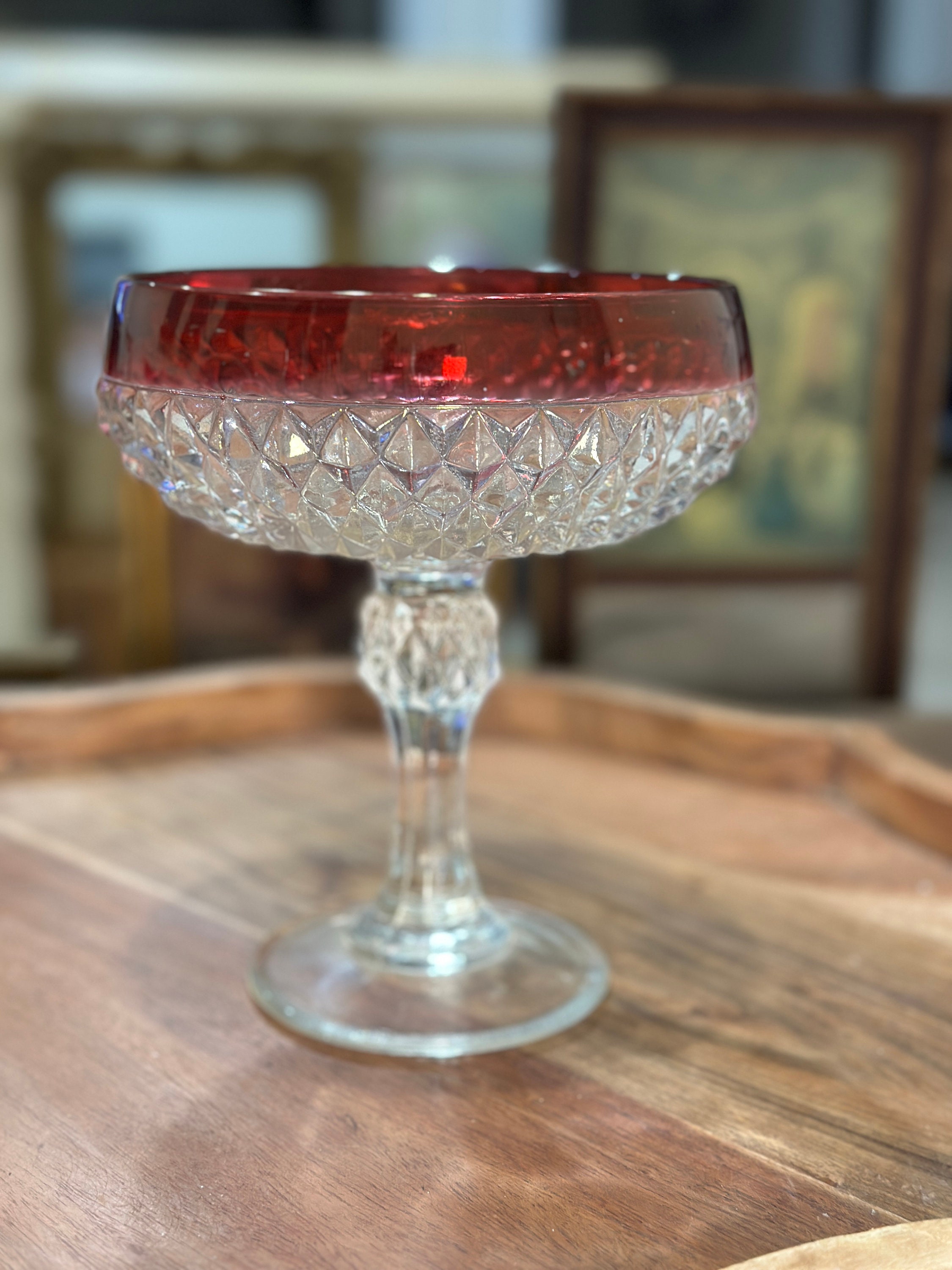 Vintage Indiana Glass Ruby Flash Diamond Point Bowl Dish Compote - Etsy
