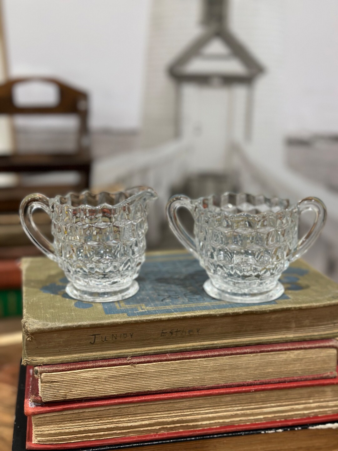Vintage MCM Fostoria American Block Optic Glass Miniature Sugar and ...