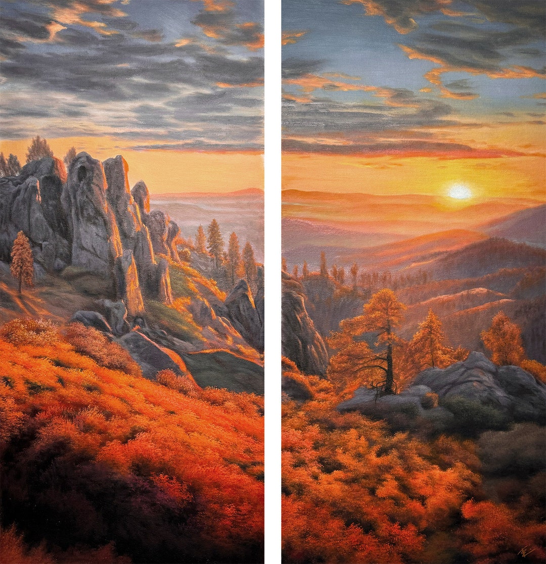 Pinnacles Two Panel Oil on Canvas Paintings Desert Scene Sunset ...