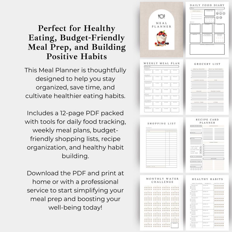 Printable Meal Planner PDF, Food Diary and Weekly Meal Plan, Grocery & Shopping Lists, Healthy ...