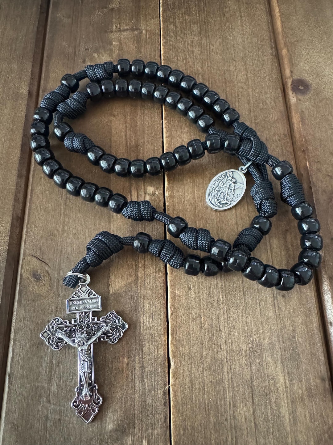 Handmade Paracord Saint Michael Rosary: Black Acrylic Beads - Etsy