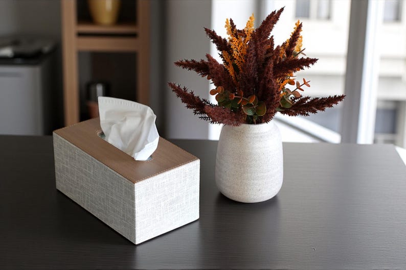 Rectangular Tissue Box Cover – PU Leather Linen Beige Crosshatch Gray ...
