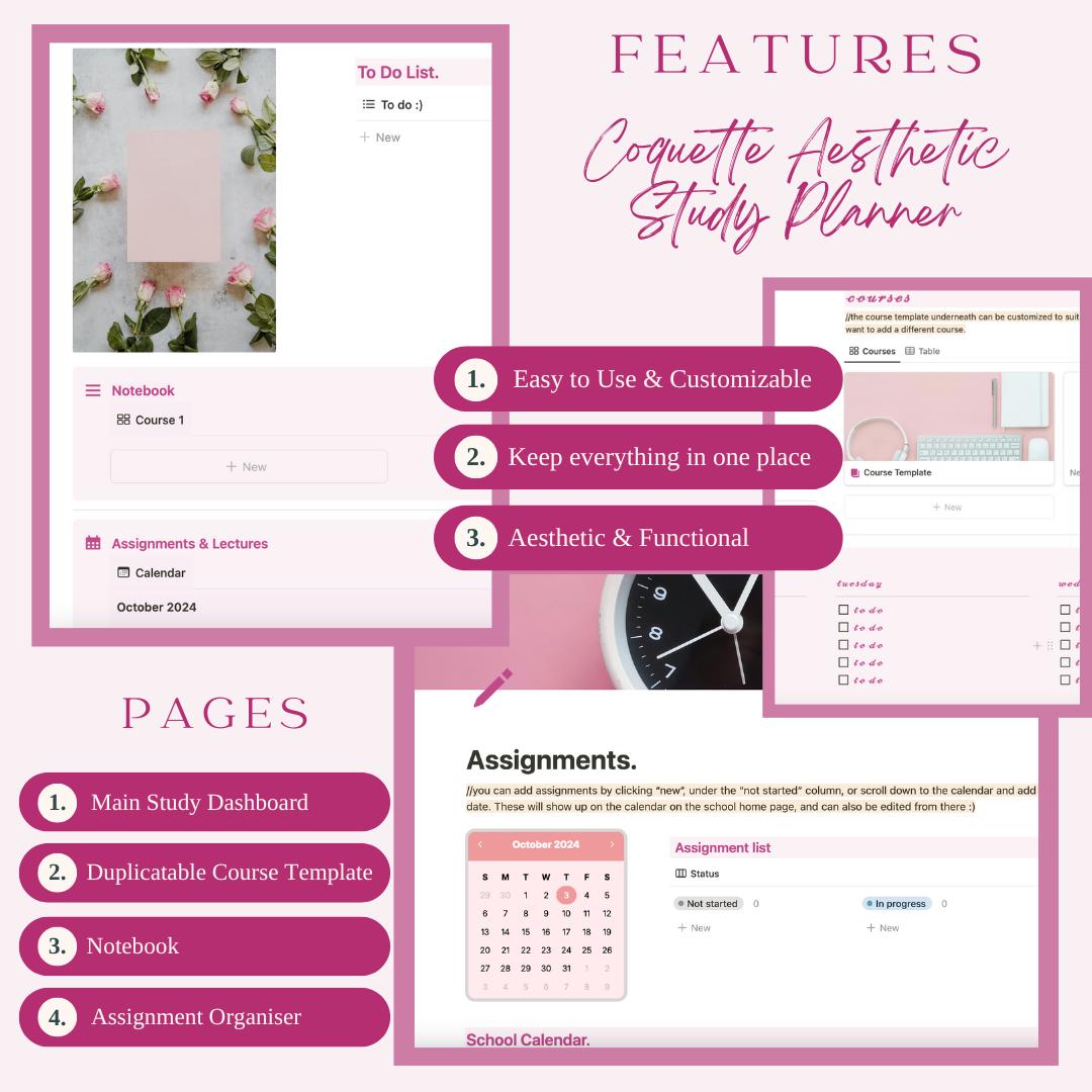 Notion Study Planner Template Coquette Pink Aesthetic School University ...