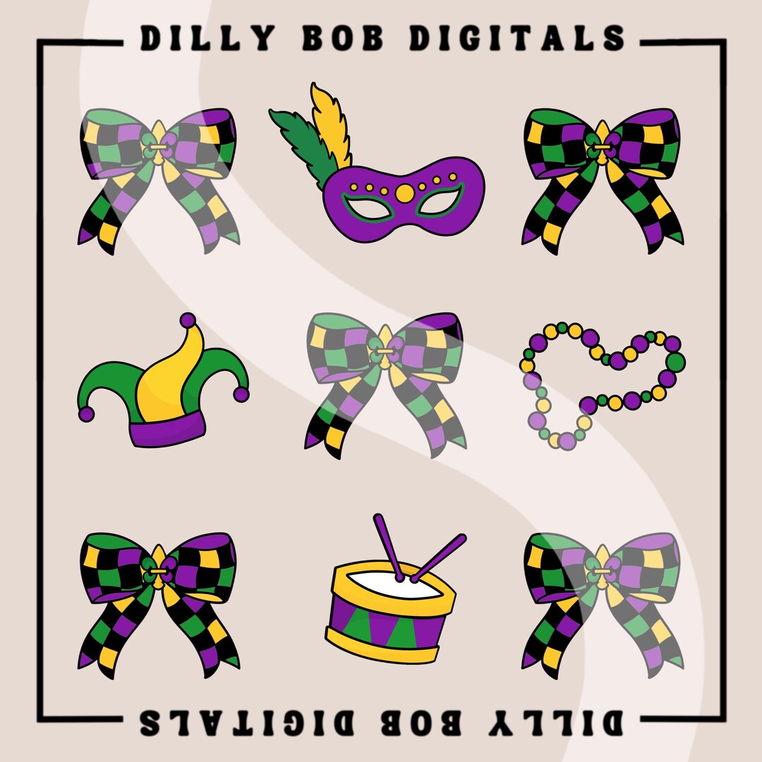 Mardi Gras Mask, Beads & Checkered Bows PNG: New Orleans Sublimation ...