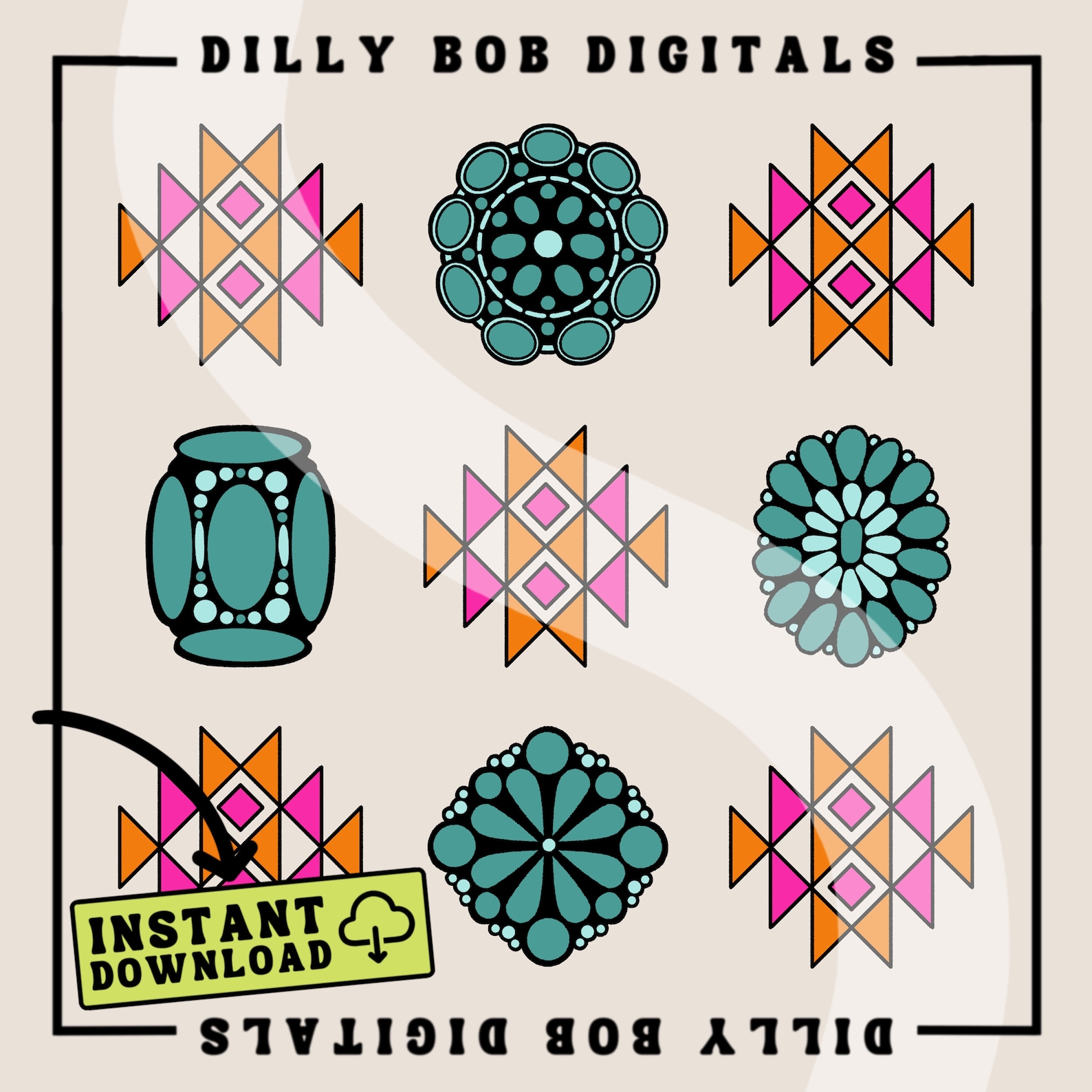 Neon Aztec Turquoise Conchos PNG: Western Sublimation Design (digital ...