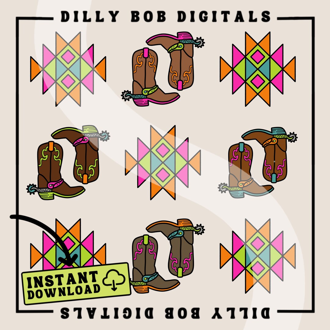 Neon Aztec Cowboy Boots Pattern PNG: Western Sublimation Design ...