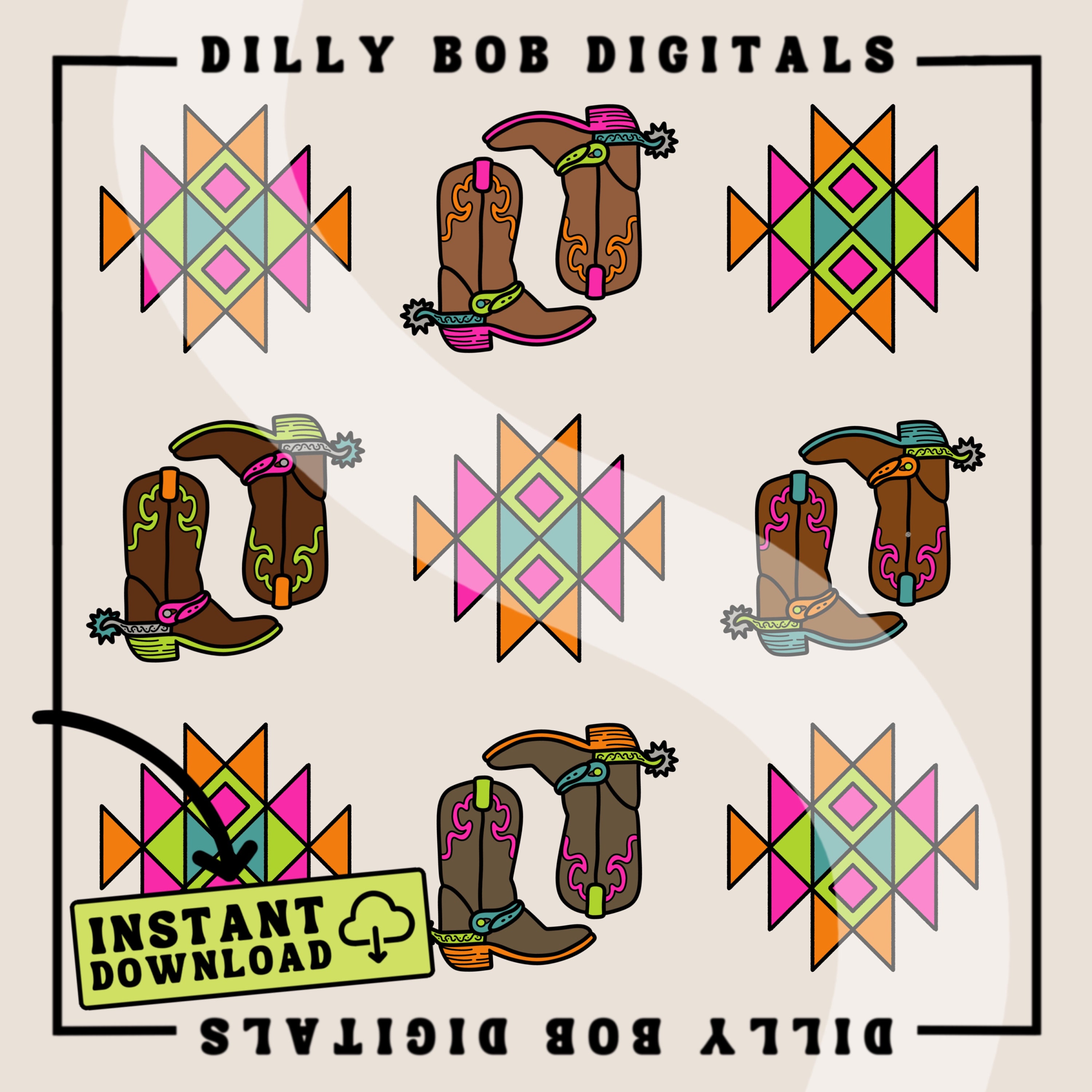 Neon Aztec Cowboy Boots Pattern PNG: Western Sublimation Design ...