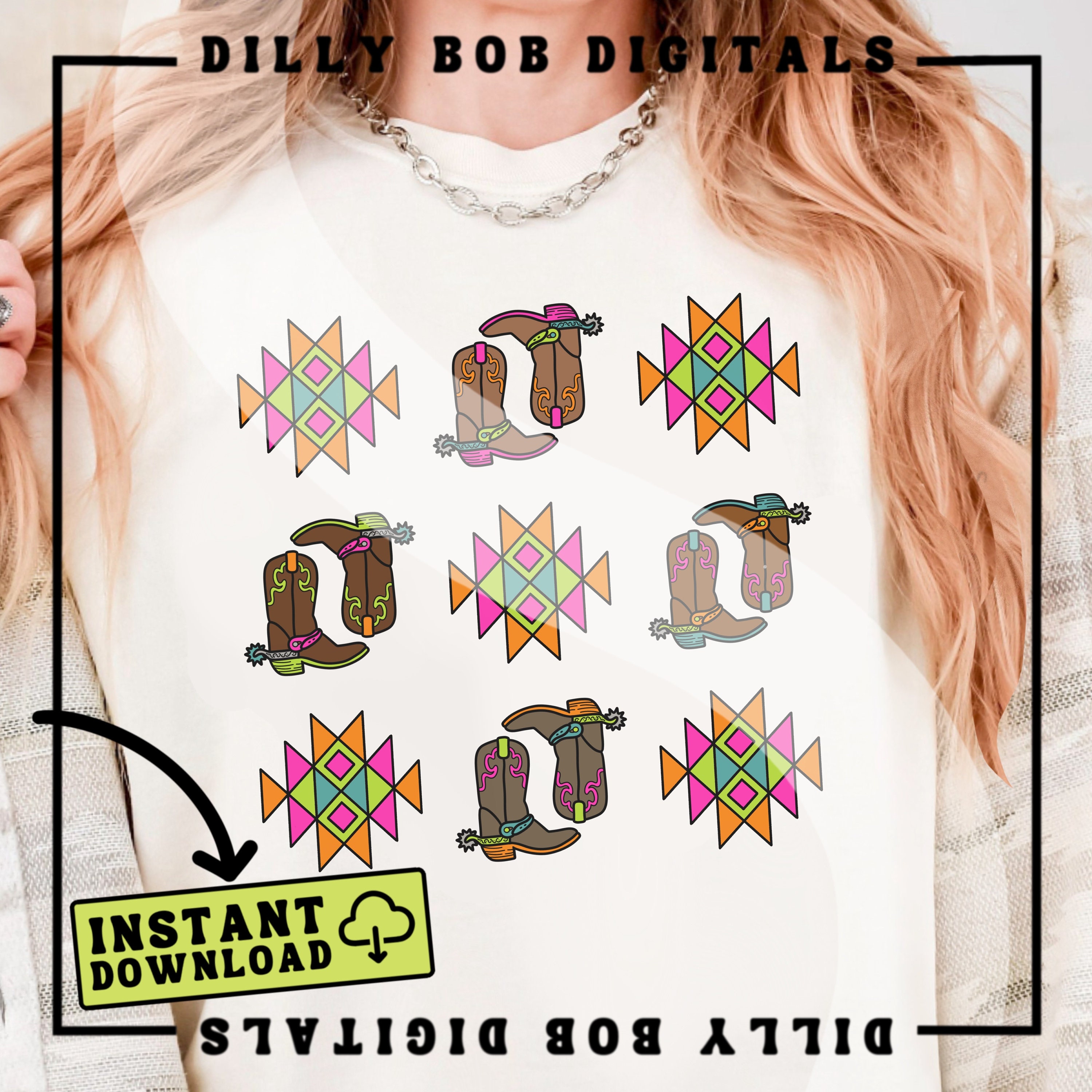 Neon Aztec Cowboy Boots Pattern PNG: Western Sublimation Design ...