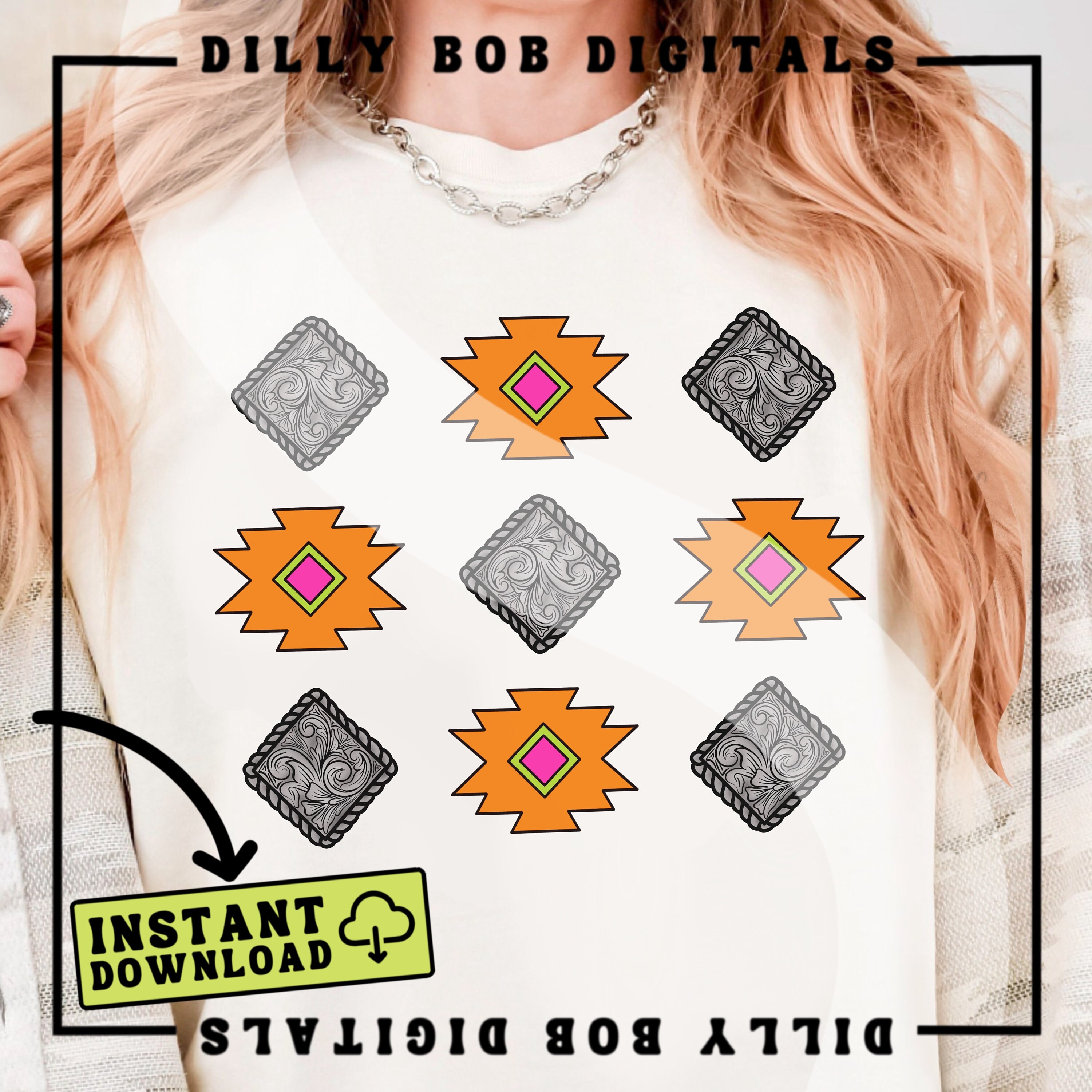 Neon Aztec Silver Conchos PNG Digital Download Western Sublimation ...