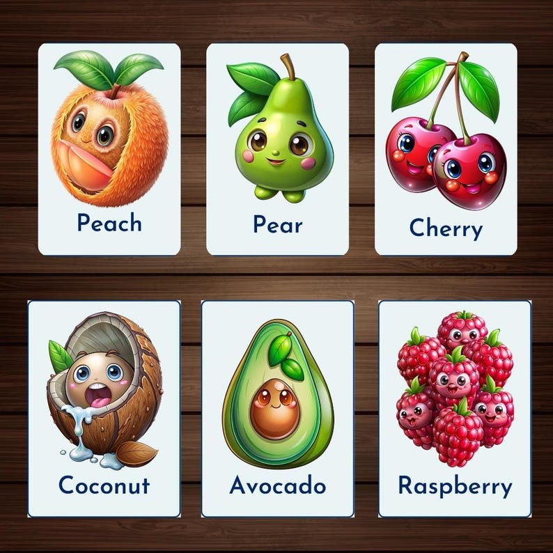 20 Kawaii Fruits Flash Cards, Printable Flash Cards, Fruits Printable ...
