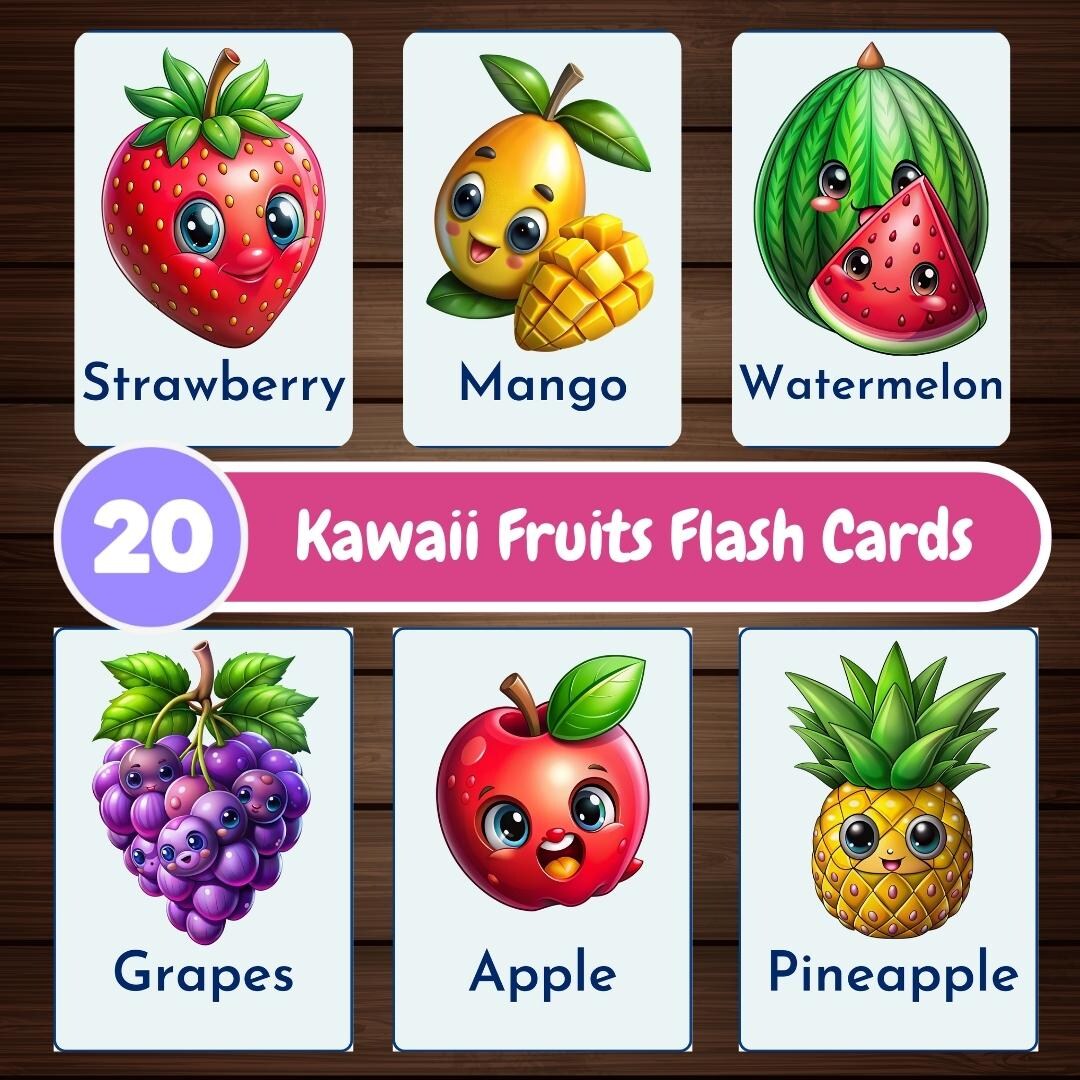 20 Kawaii Fruits Flash Cards, Printable Flash Cards, Fruits Printable ...