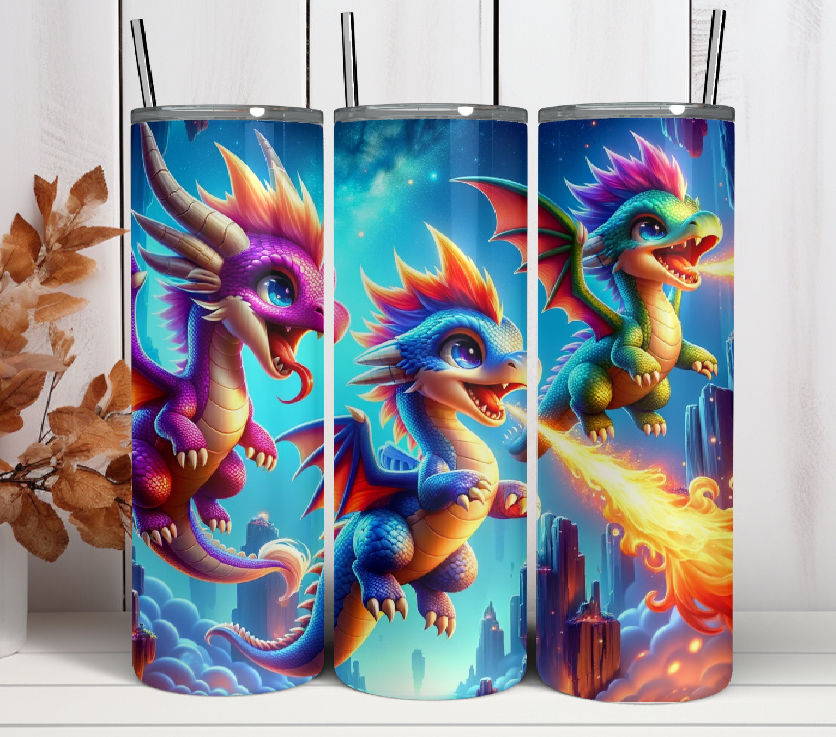 Dragons Tumbler Wrap,3d Colorful Cute Fire Dragons Sublimation Designs ...