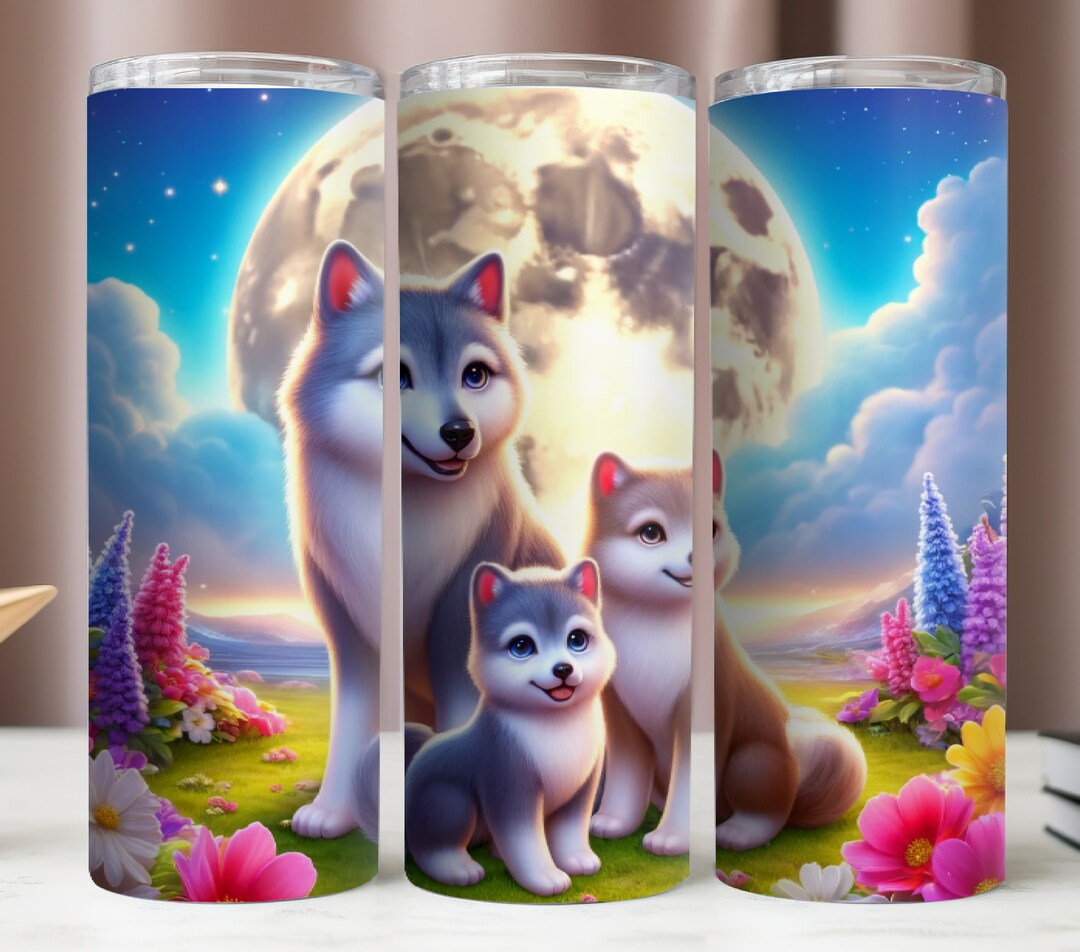Tumbler Wrap Cute Wolves,wolf Family and Full Moon Tumbler Wrap PNG ...