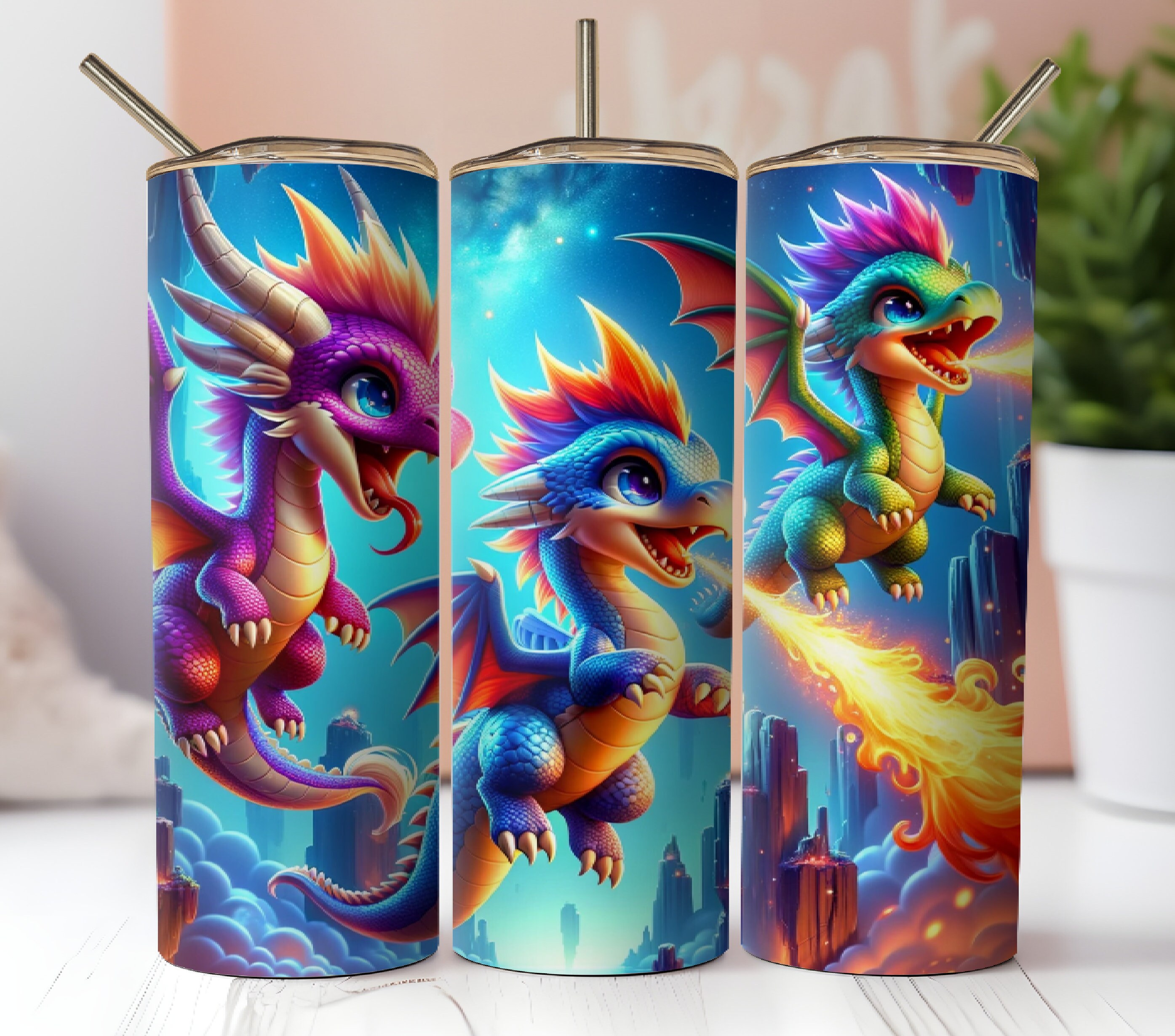 Dragons Tumbler Wrap,3d Colorful Cute Fire Dragons Sublimation Designs ...
