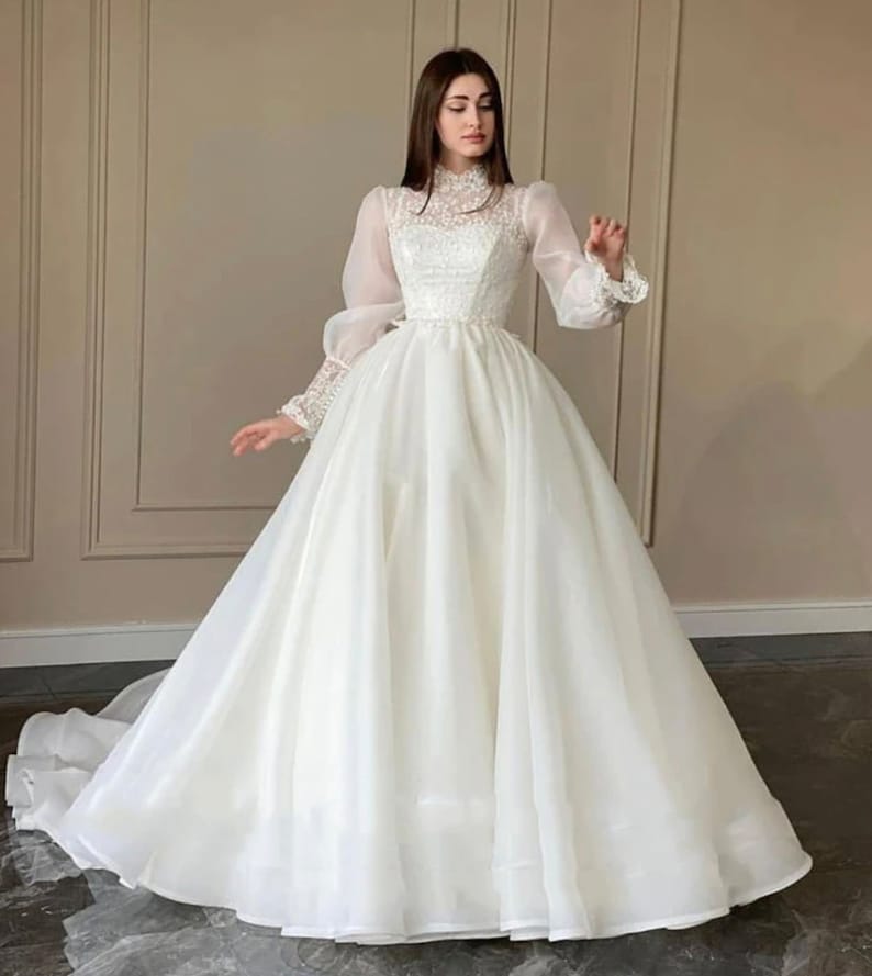 Modest High Neck Long Sleeve Custom Bridal Gown, High Neck Princess ...