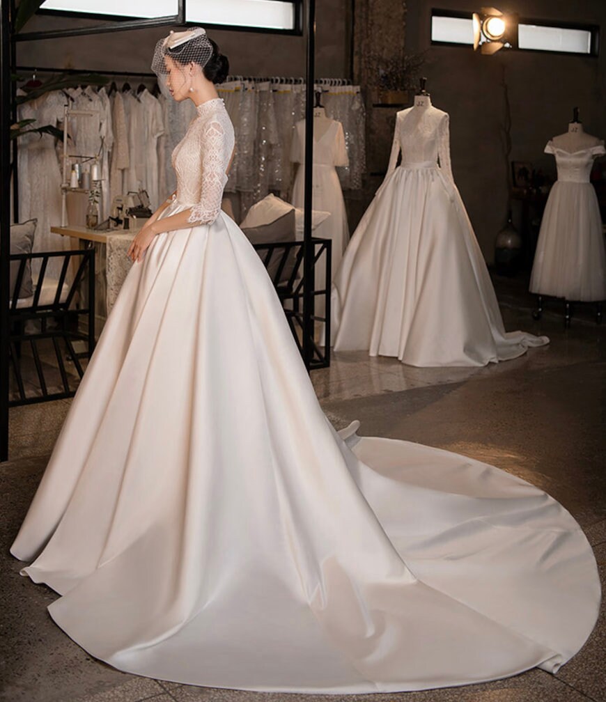 High Collar Wedding Dress, Half Sleeve Lace Satin Bridal Dress, Satin ...