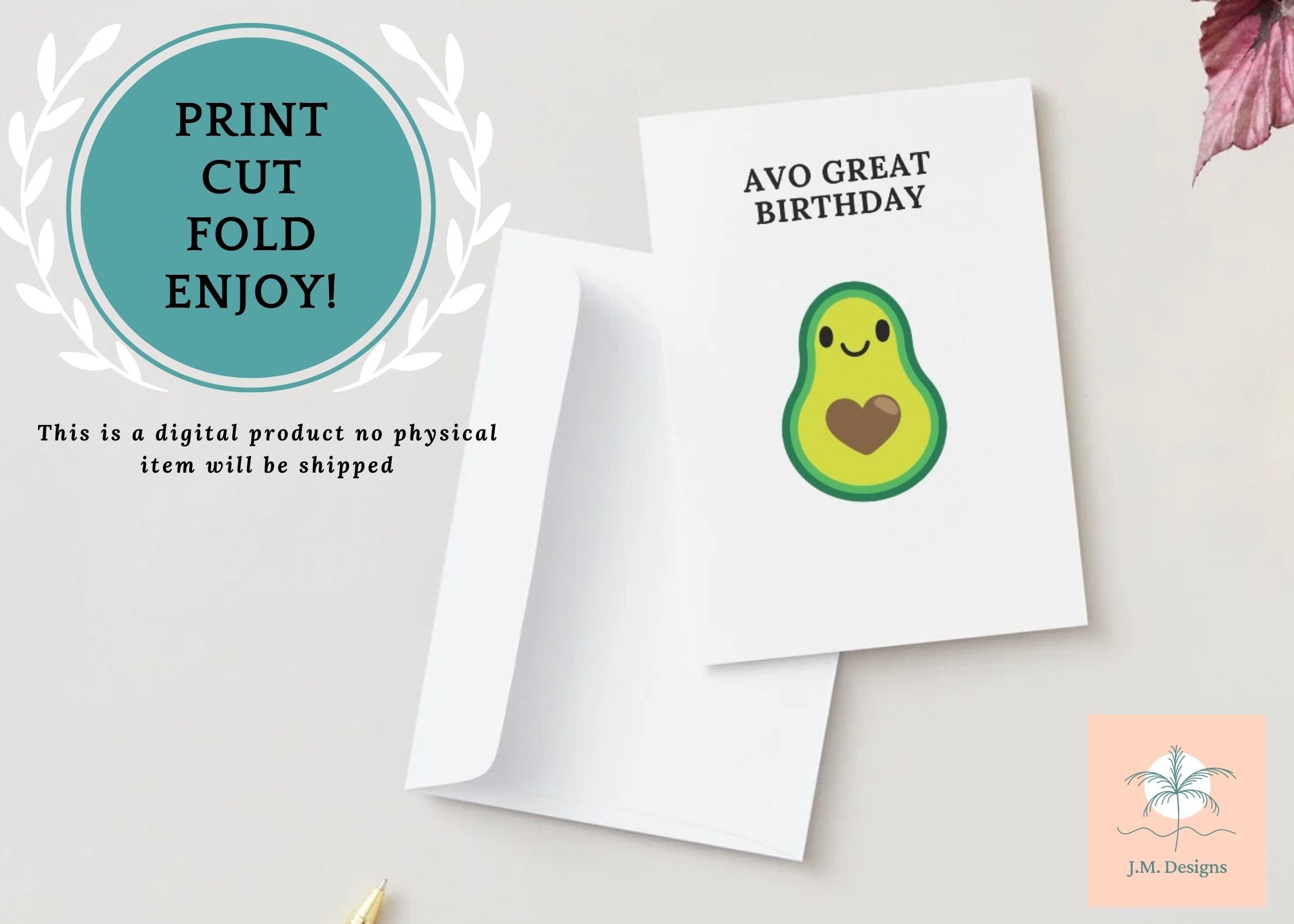 Printable Cute Avocado Birthday Card, Smiley Face, Digital Download ...