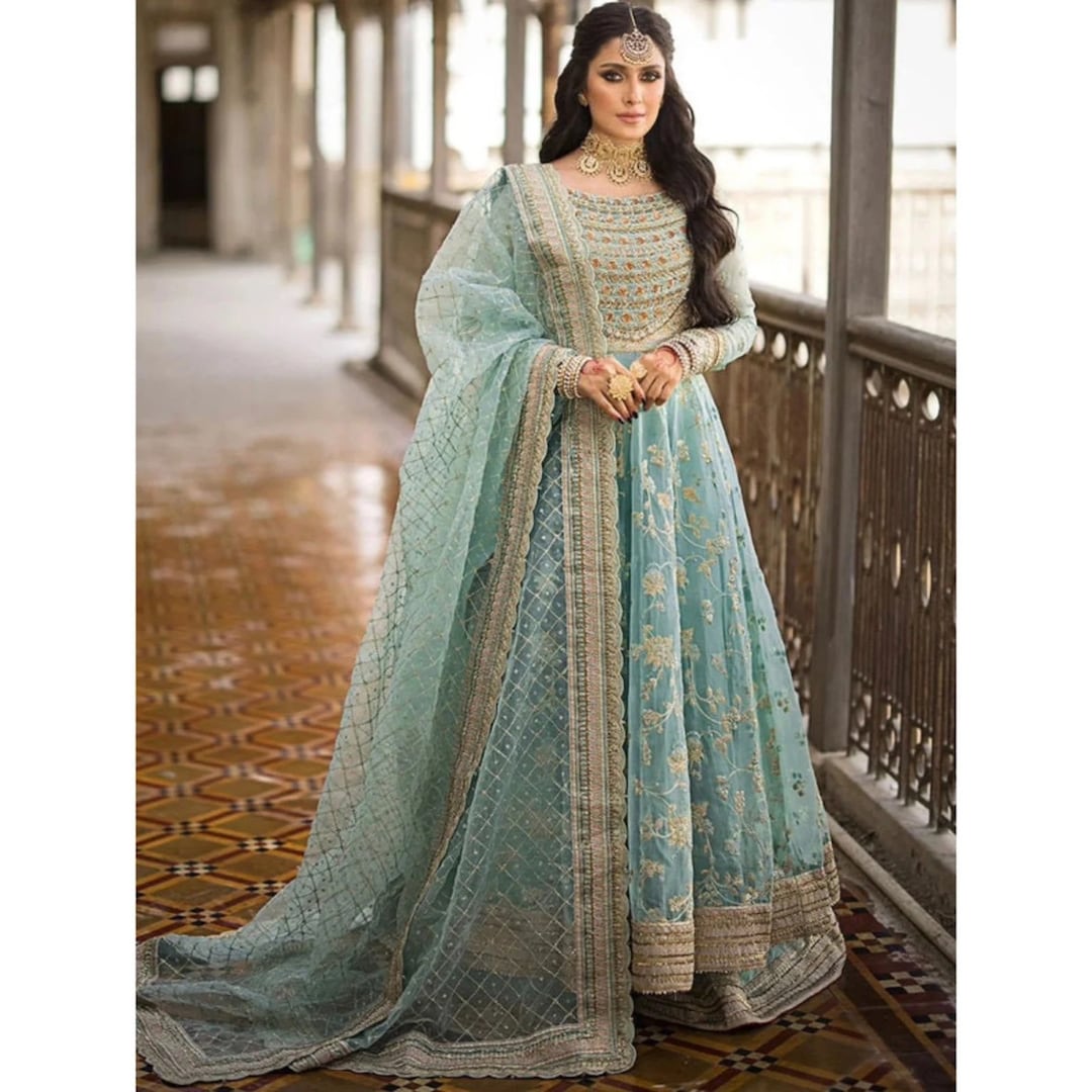 Pakistani Indian Wedding Dresses Bridal Ice Blue Pishwas Sharara Outfit ...