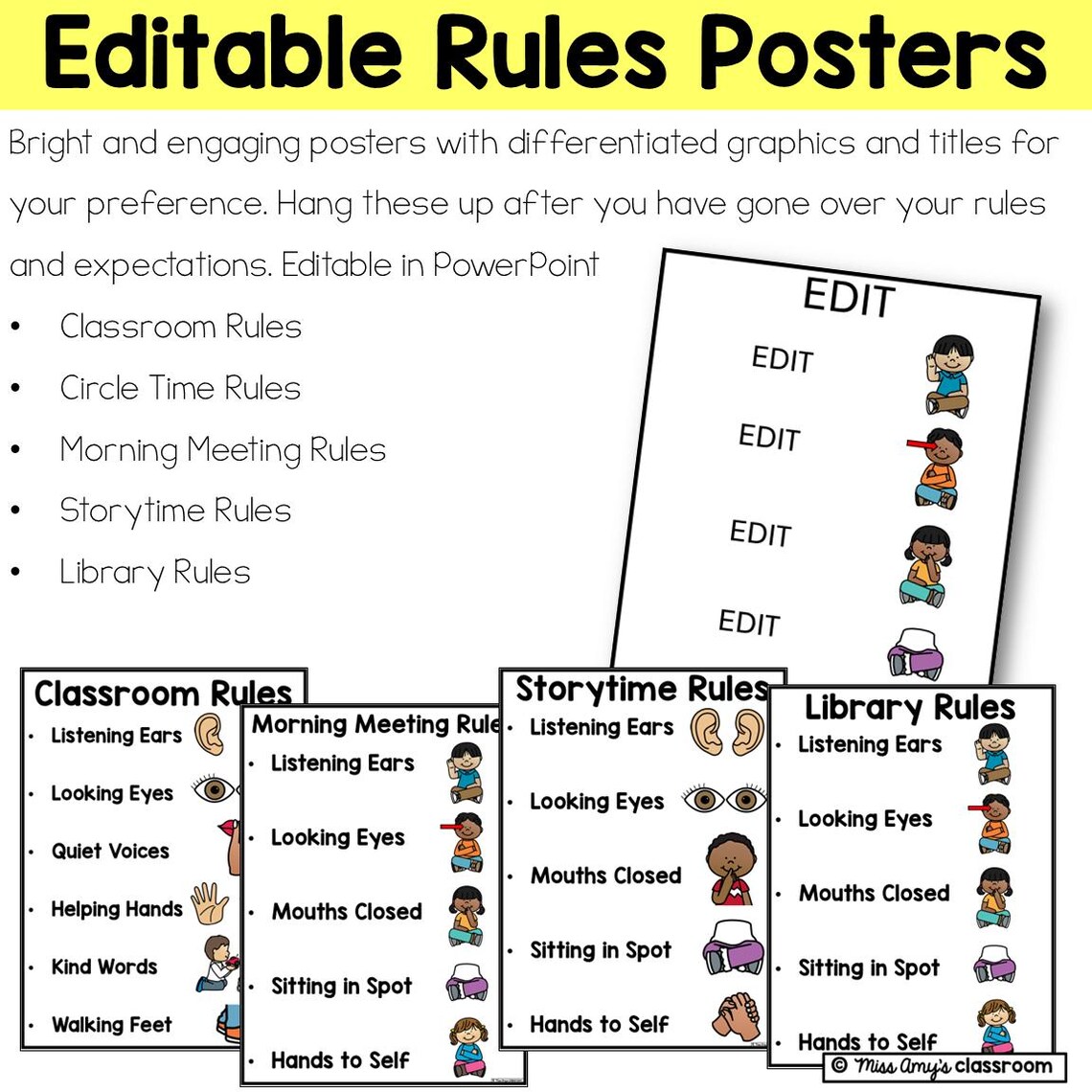 Editable Classroom Rules Posters: Preschool, Kindergarten Visuals (PDF ...