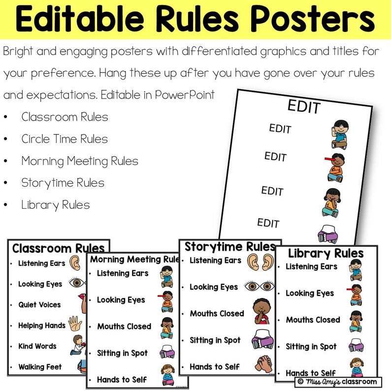 Editable Classroom Rules Posters: Preschool, Kindergarten Visuals (PDF ...