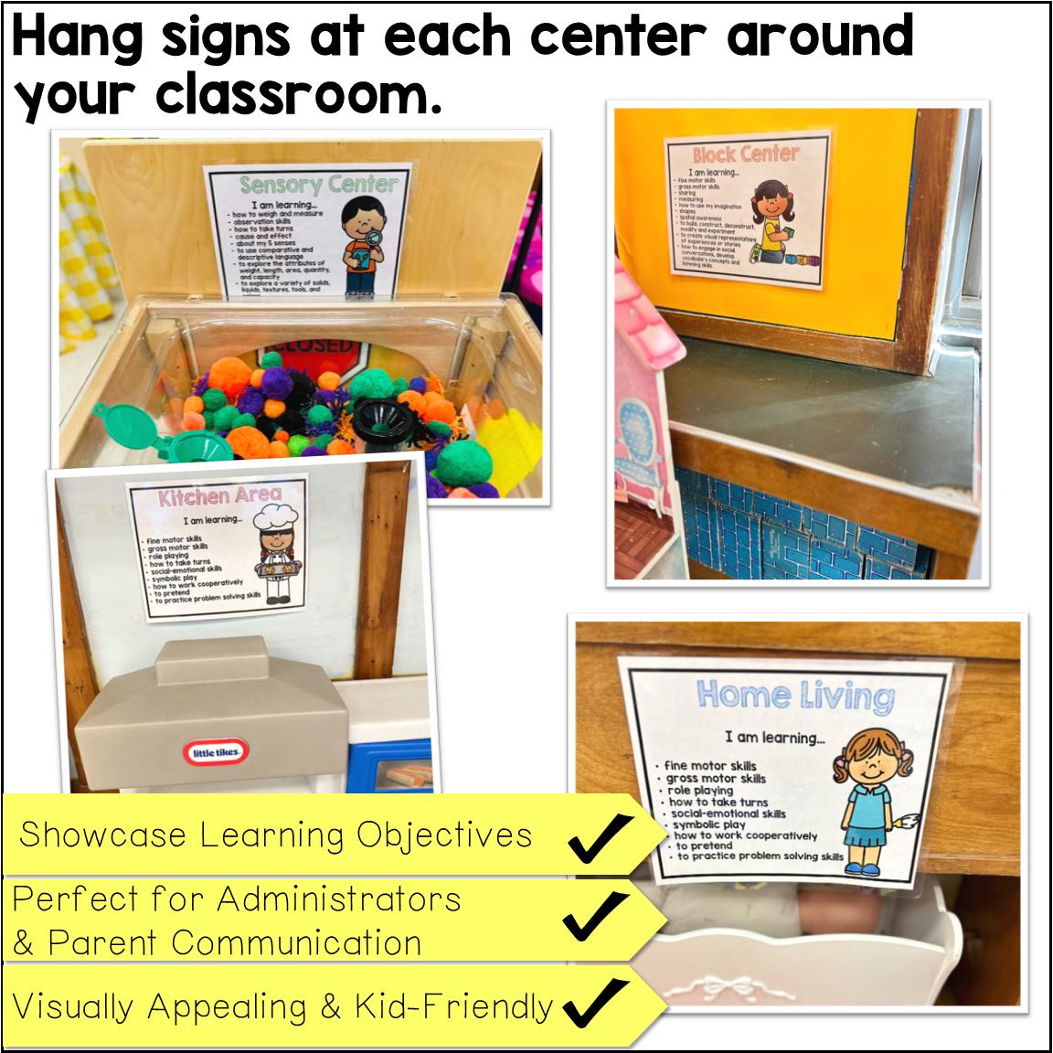 Editable Center Signs With Learning Objectives and Images | Preschool ...
