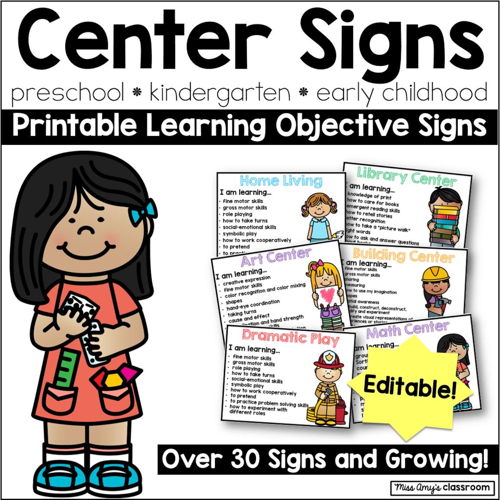 Editable Center Signs With Learning Objectives and Images | Preschool ...