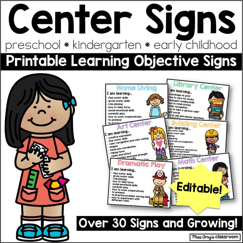 Editable Center Signs With Learning Objectives and Images | Preschool ...