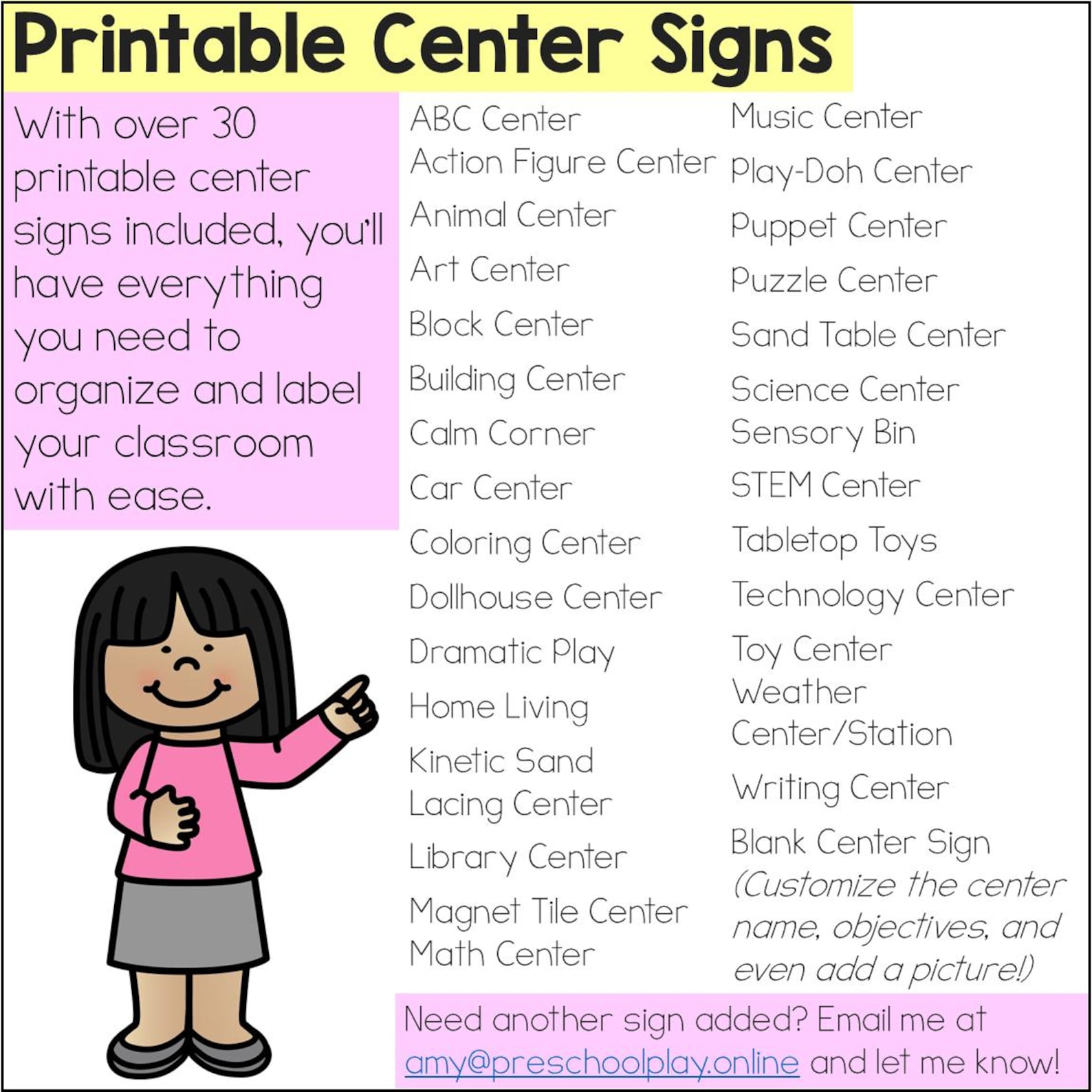 Editable Center Signs With Learning Objectives and Images | Preschool ...