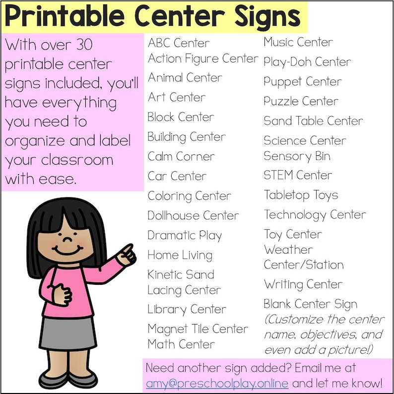 Editable Center Signs With Learning Objectives and Images | Preschool ...