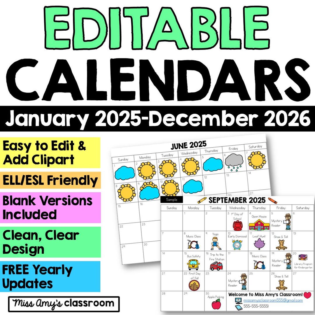 Editable Calendar Templates 2025-2026 - ELL/ESL Friendly, FREE Yearly ...