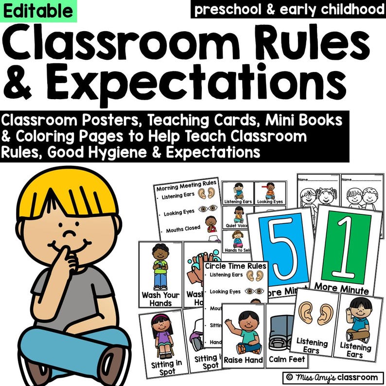 Editable Classroom Rules Posters: Preschool, Kindergarten Visuals (PDF ...