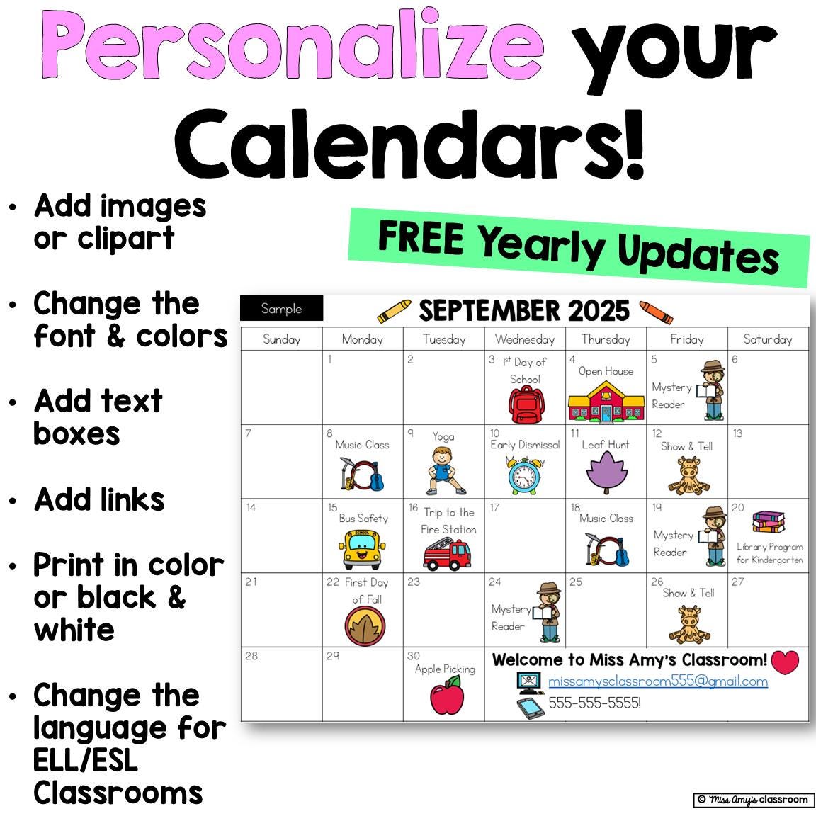Editable Calendar Templates 2025-2026 - ELL/ESL Friendly, FREE Yearly ...