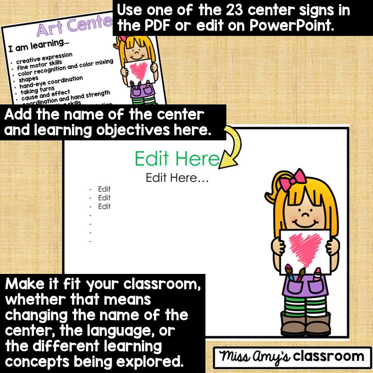 Editable Center Signs With Learning Objectives and Images | Preschool ...
