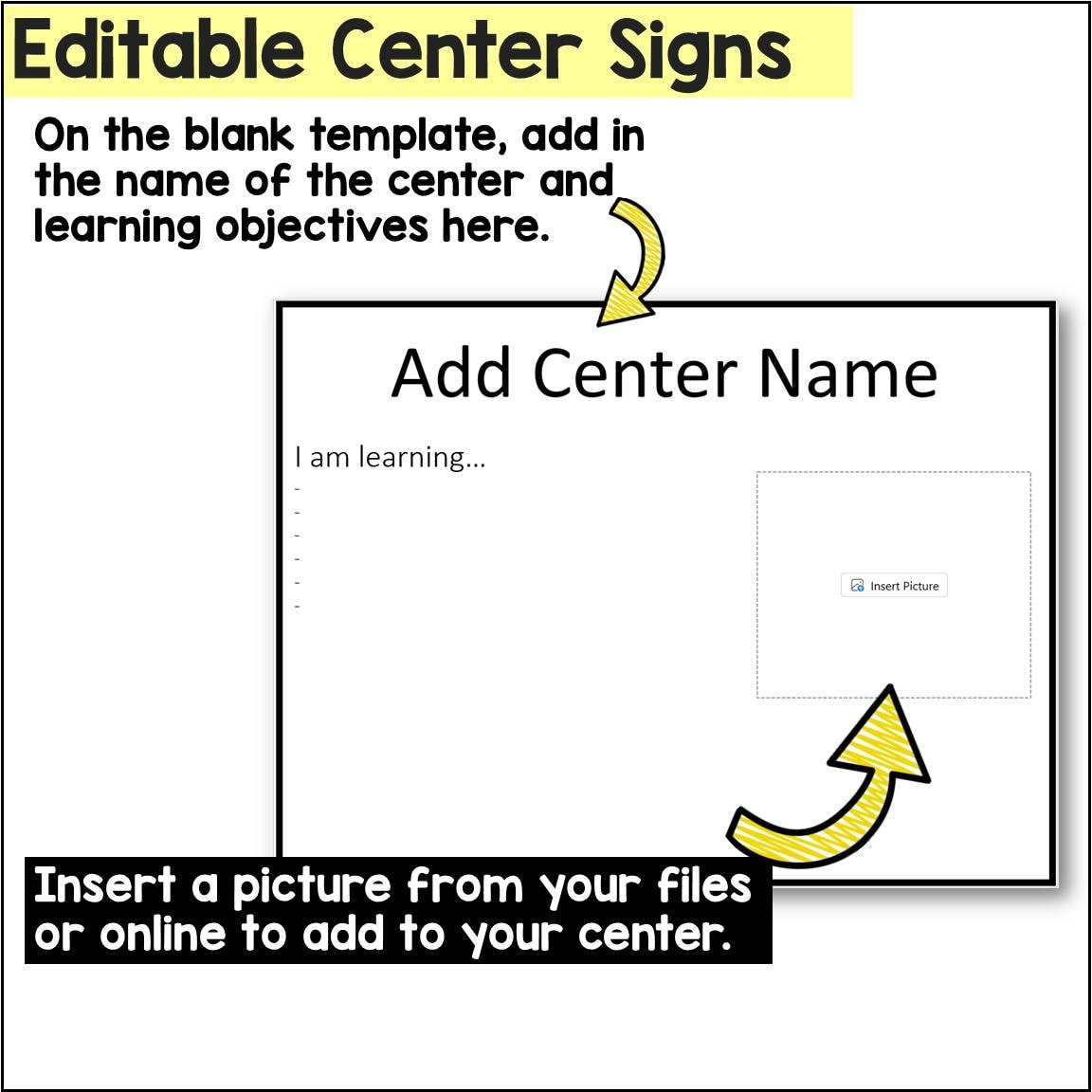 Editable Center Signs With Learning Objectives and Images | Preschool ...