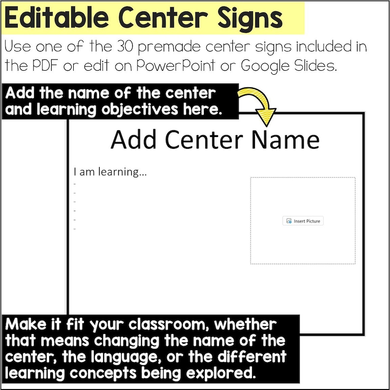 Editable Center Signs With Learning Objectives and Images | Preschool ...