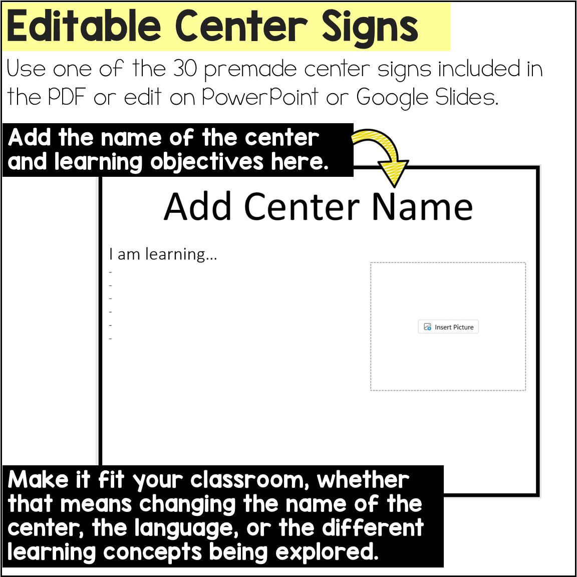 Editable Center Signs With Learning Objectives and Images | Preschool ...