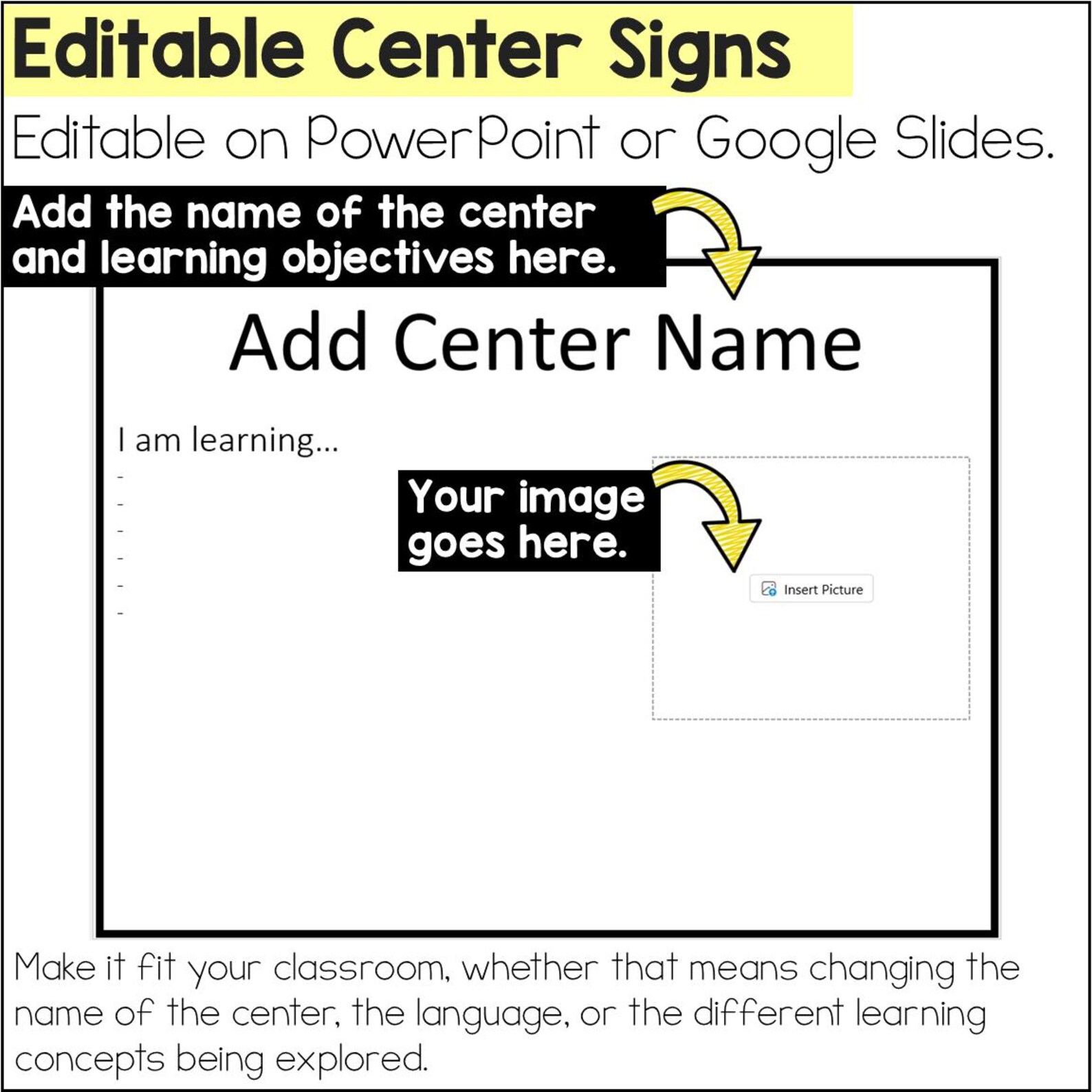 Editable Center Signs With Learning Objectives and Images | Preschool ...
