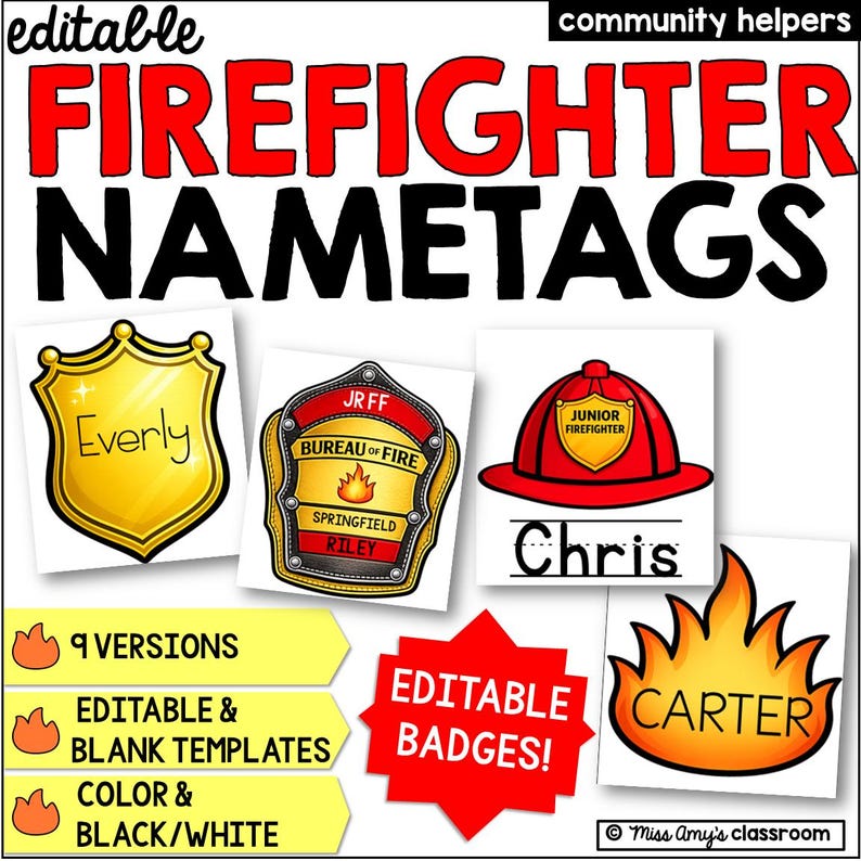 Editable Firefighter Name Tags - Fire Safety Week Printable Badges ...