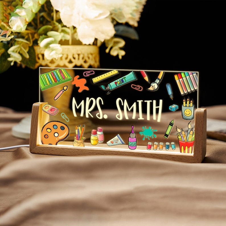 Personalized Art Teacher Desk Sign: Acrylic Name Plate With Wooden Base ...