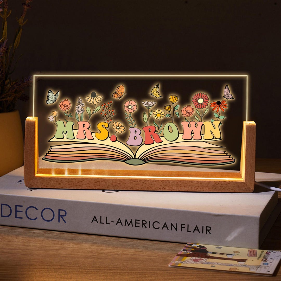 Personalized Teacher LED Light: Floral Book, Custom Classroom Decor - Etsy