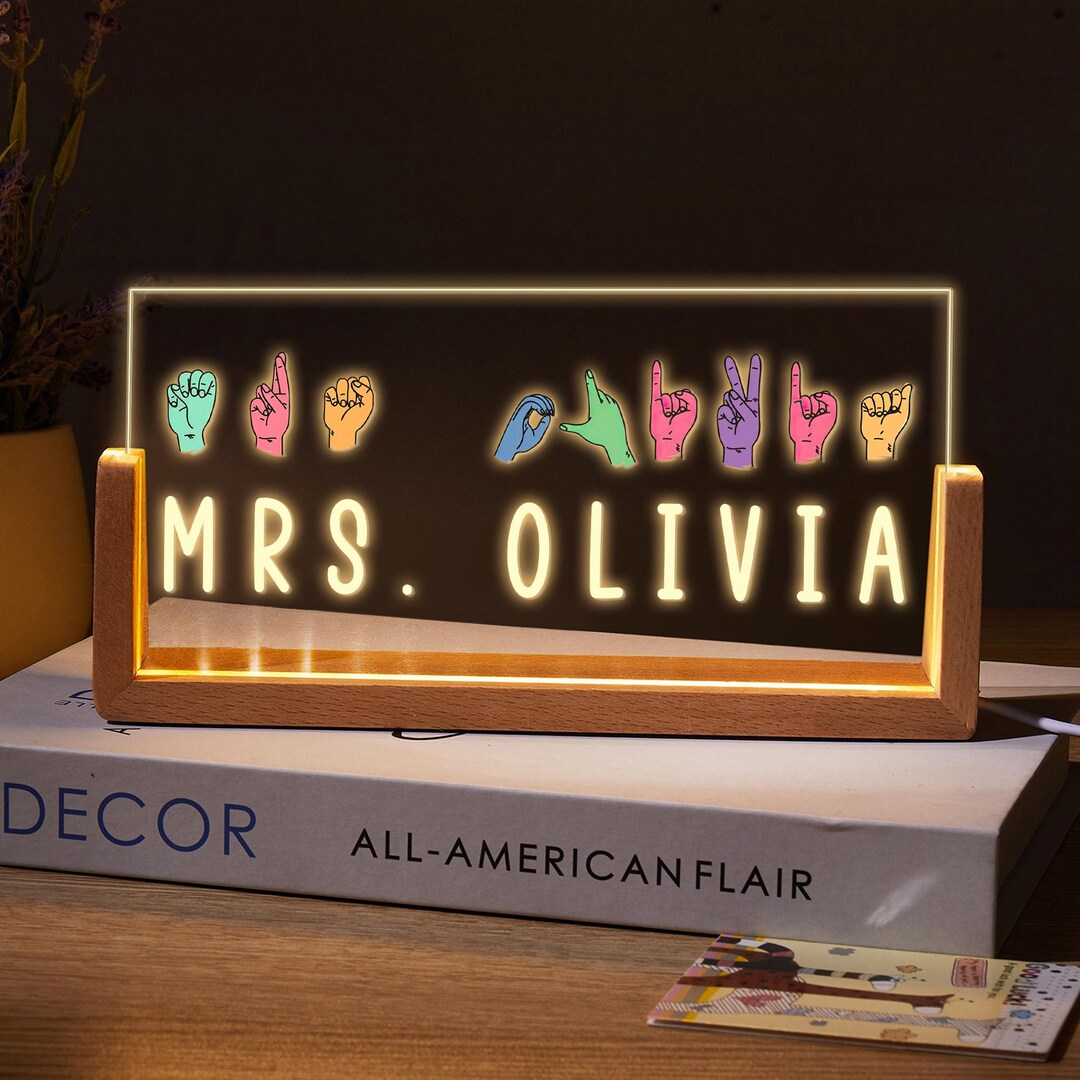 Personalized ASL Teacher Desk Sign: LED Night Light, Wood Base - Etsy