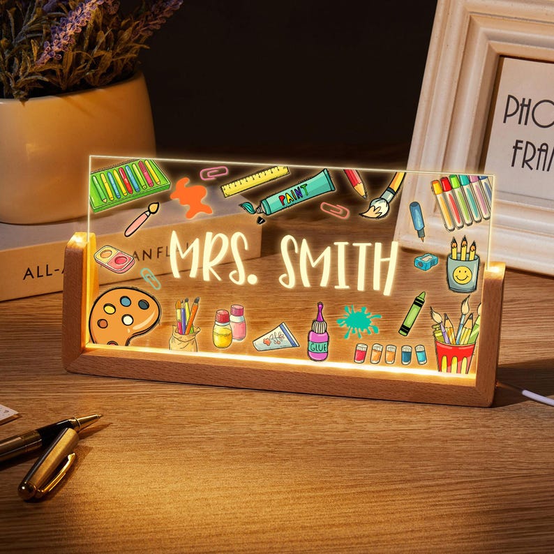 Personalized Art Teacher Desk Sign: Acrylic Name Plate With Wooden Base ...