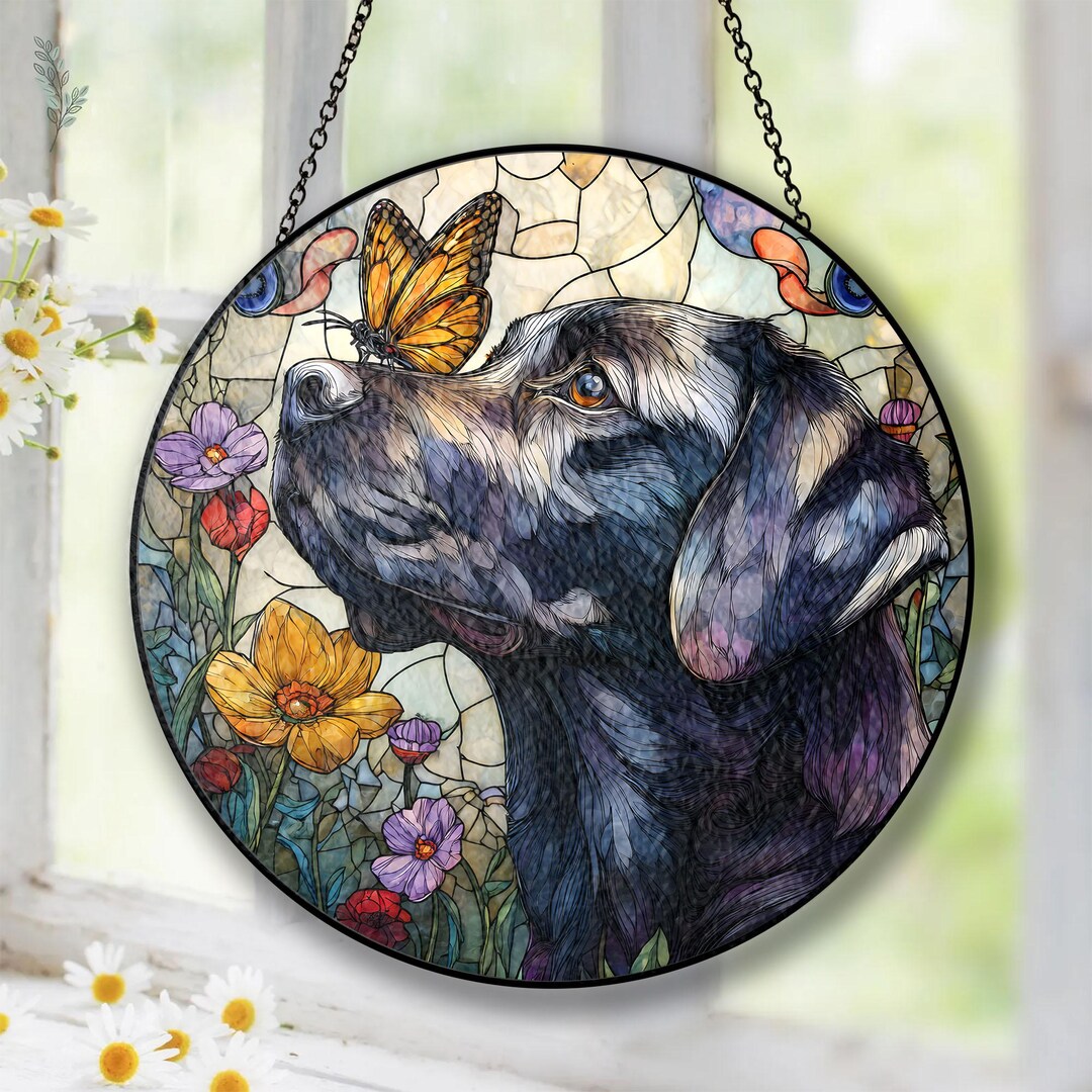 Labrador Dog Suncatcher, Black Lab With Butterfly Window Hanging ...