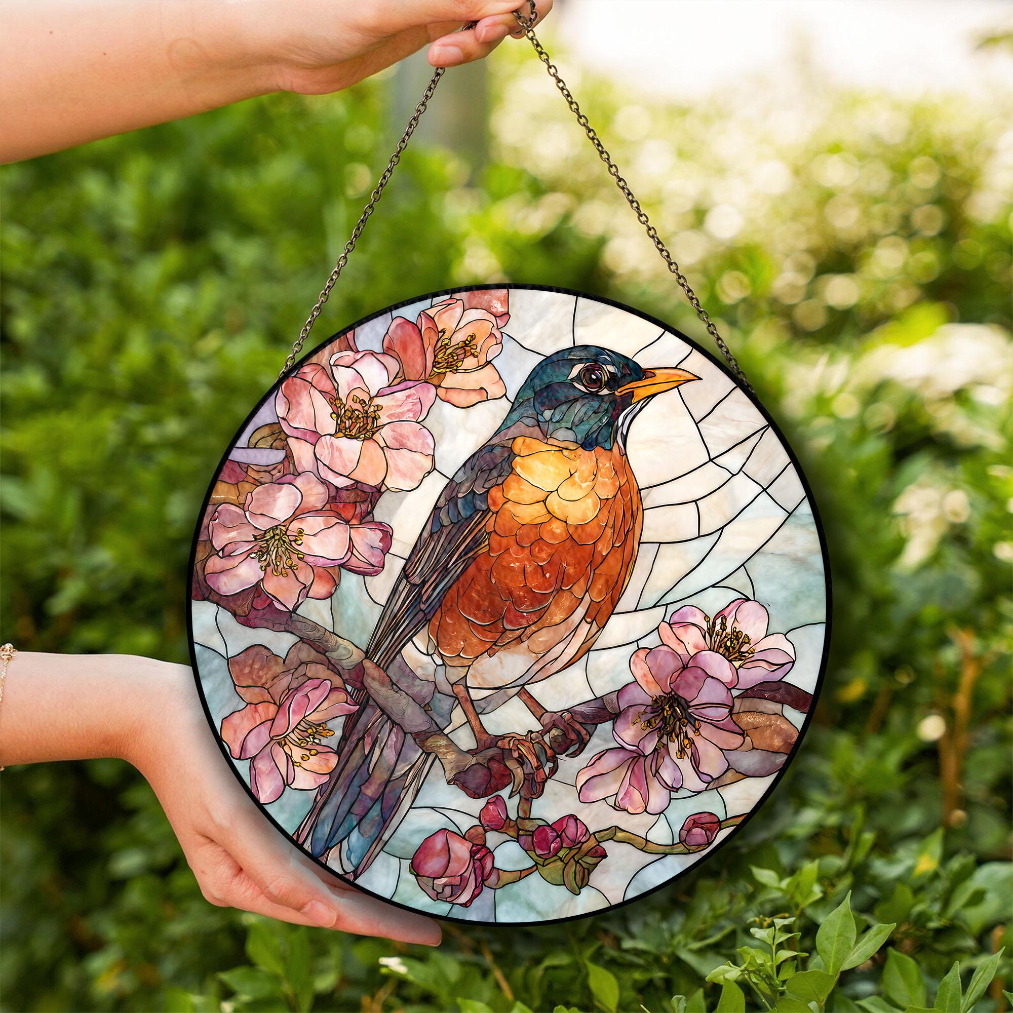Robin Glass Suncatcher, American Robin Cherry Blossom Window Hanging ...