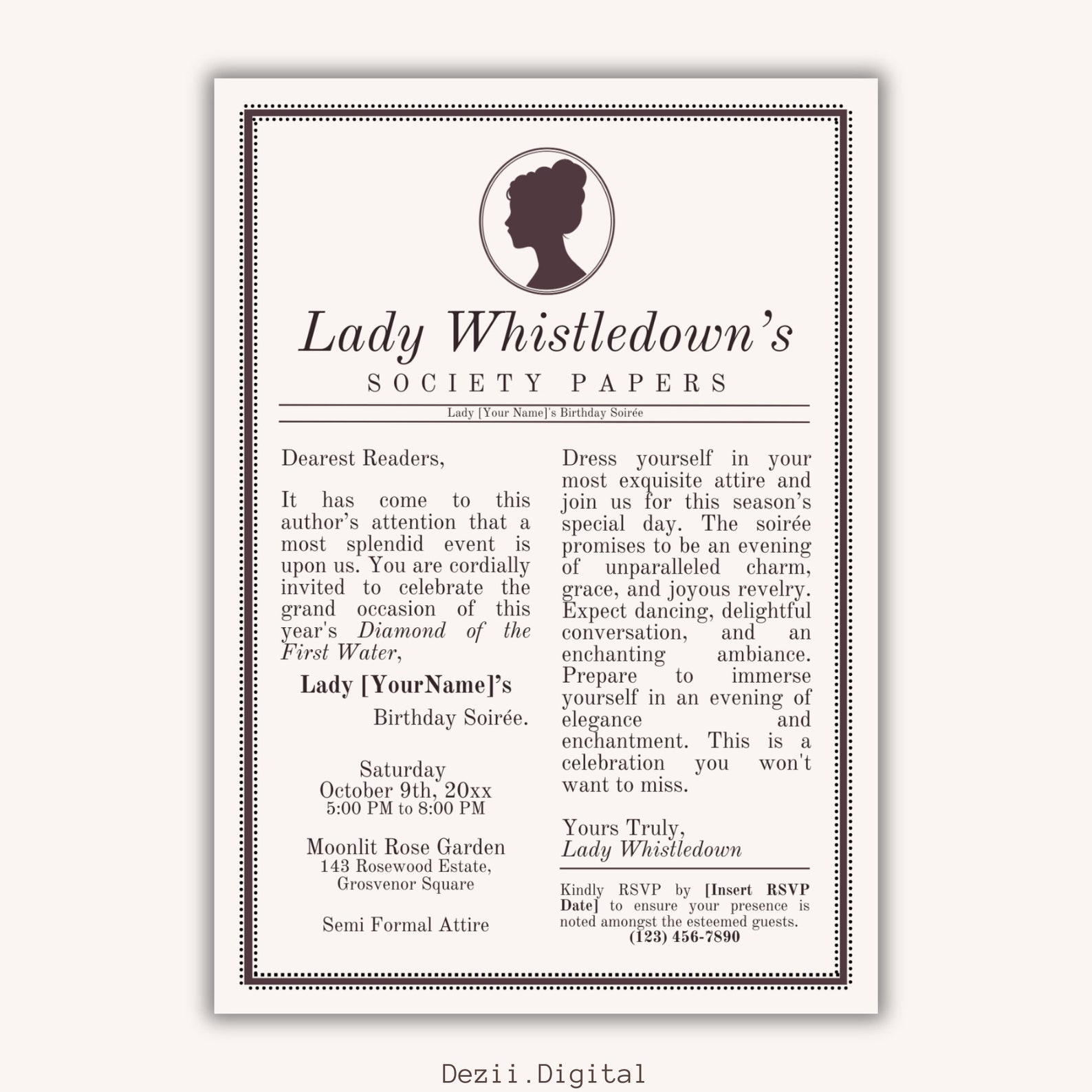 Bridgerton Lady Whistledown Theme Invitation Customizable Canva ...
